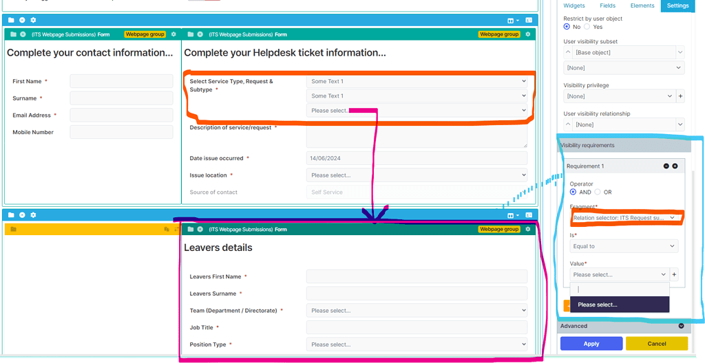 How do I set the "Visibility requirements" for multi level relation selector - Liberty Create ...